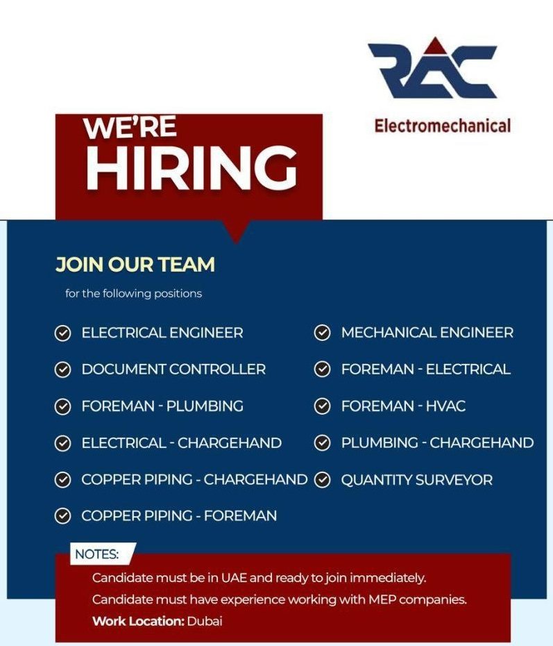 Dubai Jobs at RAC Electromechanical – Hiring Now - sha5r jobs